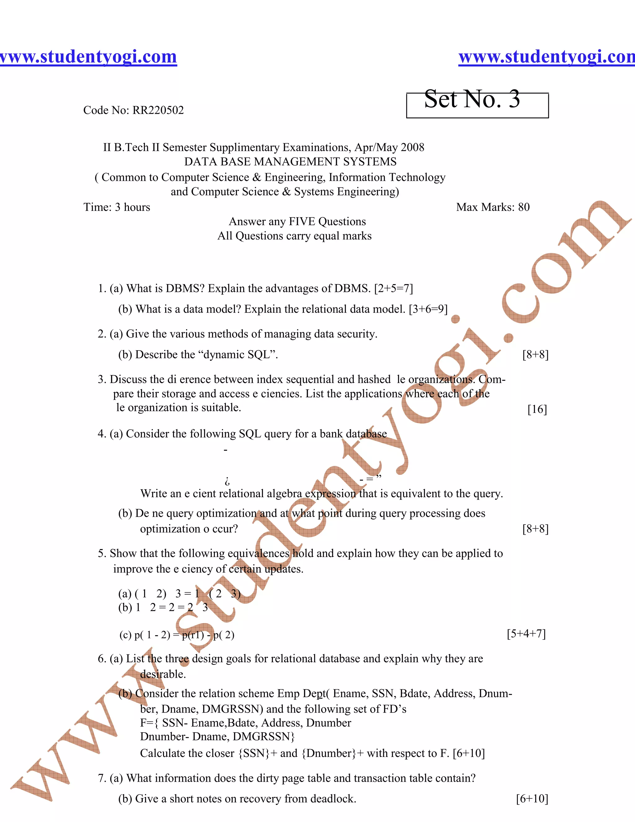 Databasemanagementsystems Jntu Model Paper{Www.Studentyogi.Com} | PDF