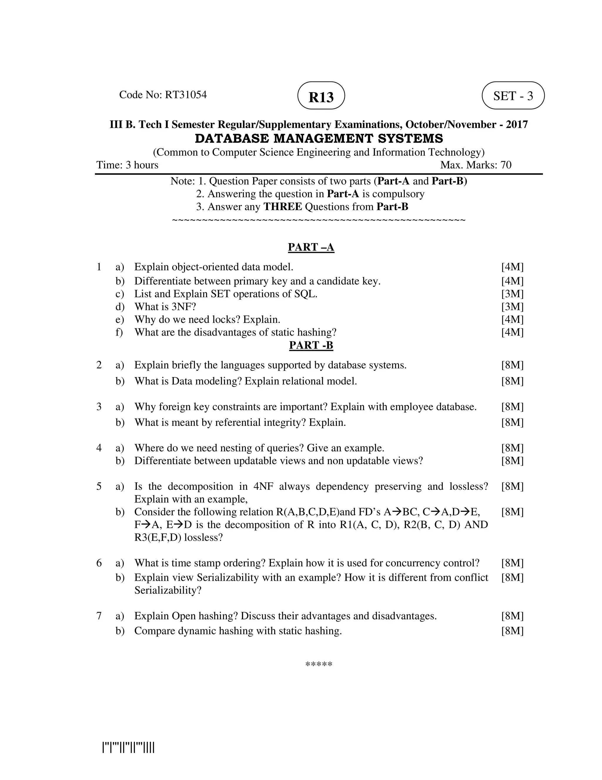 Data base management systems question paper | PDF