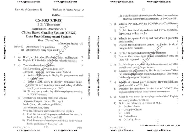 Database Management Systems Question Paper.pdf | Databases | Computer Software and Applications