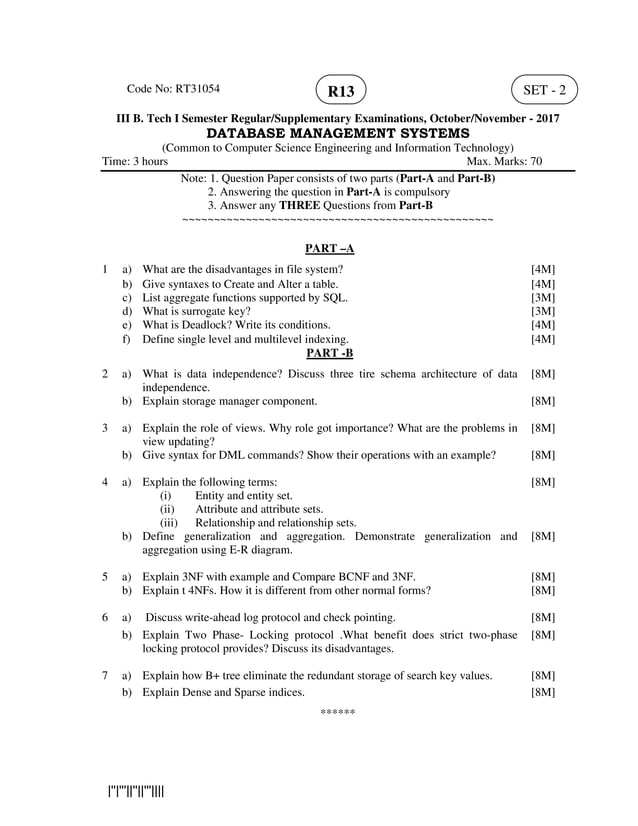 Database Management Systems Question Paperpdf Databases Computer Software And Applications