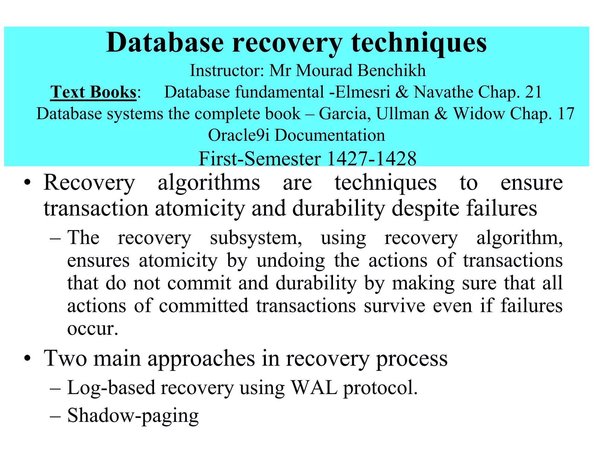 Database recovery techniques | PDF