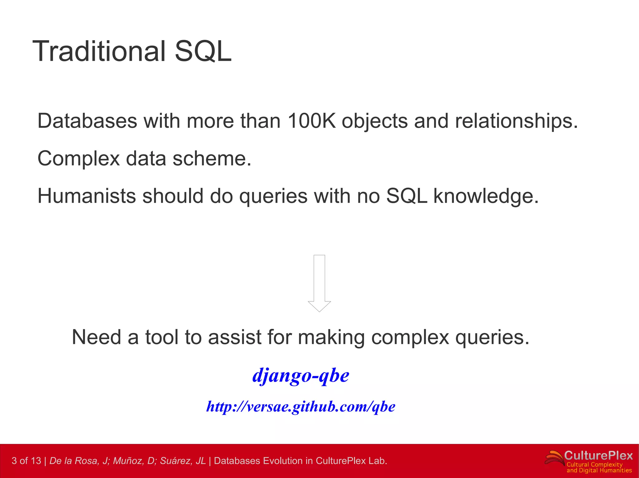 Databases evolution in CulturePlex Lab | ODP | Databases | Computer Software and Applications