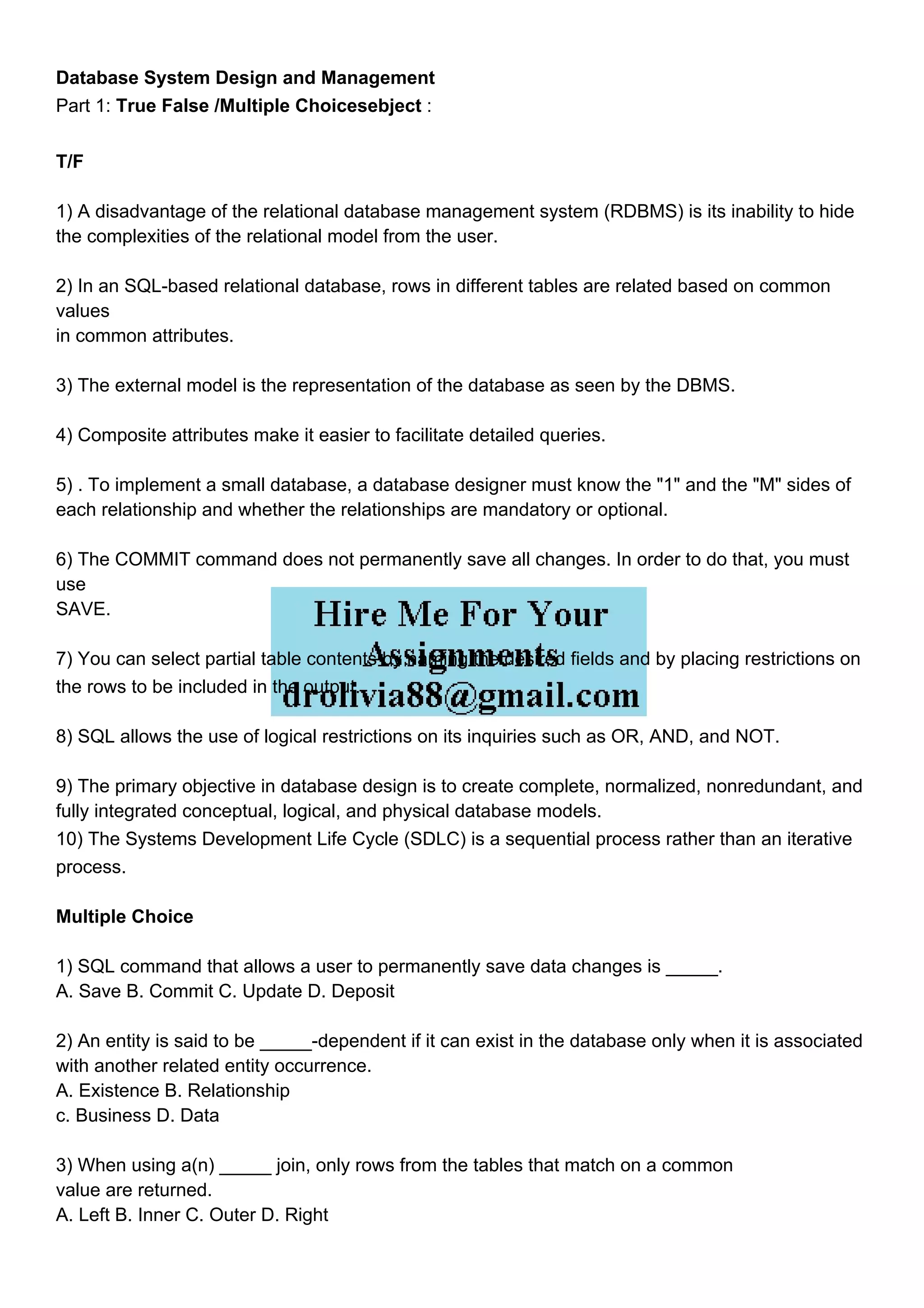 Database System Design and Management Part 1 True False Mu.pdf