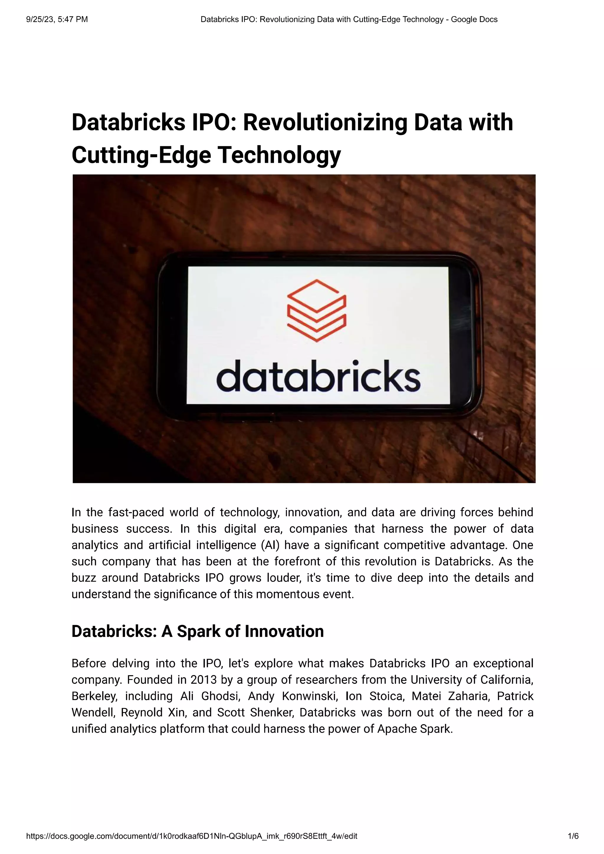 Databricks IPO-Revolutionizing Data with Cutting-Edge Technology | PDF