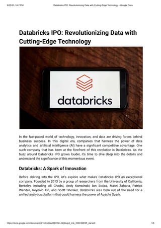 Databricks IPO-Revolutionizing Data with Cutting-Edge Technology | PDF