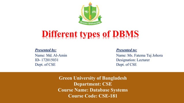 Different types of DBMS | PPTX | Databases | Computer Software and Applications