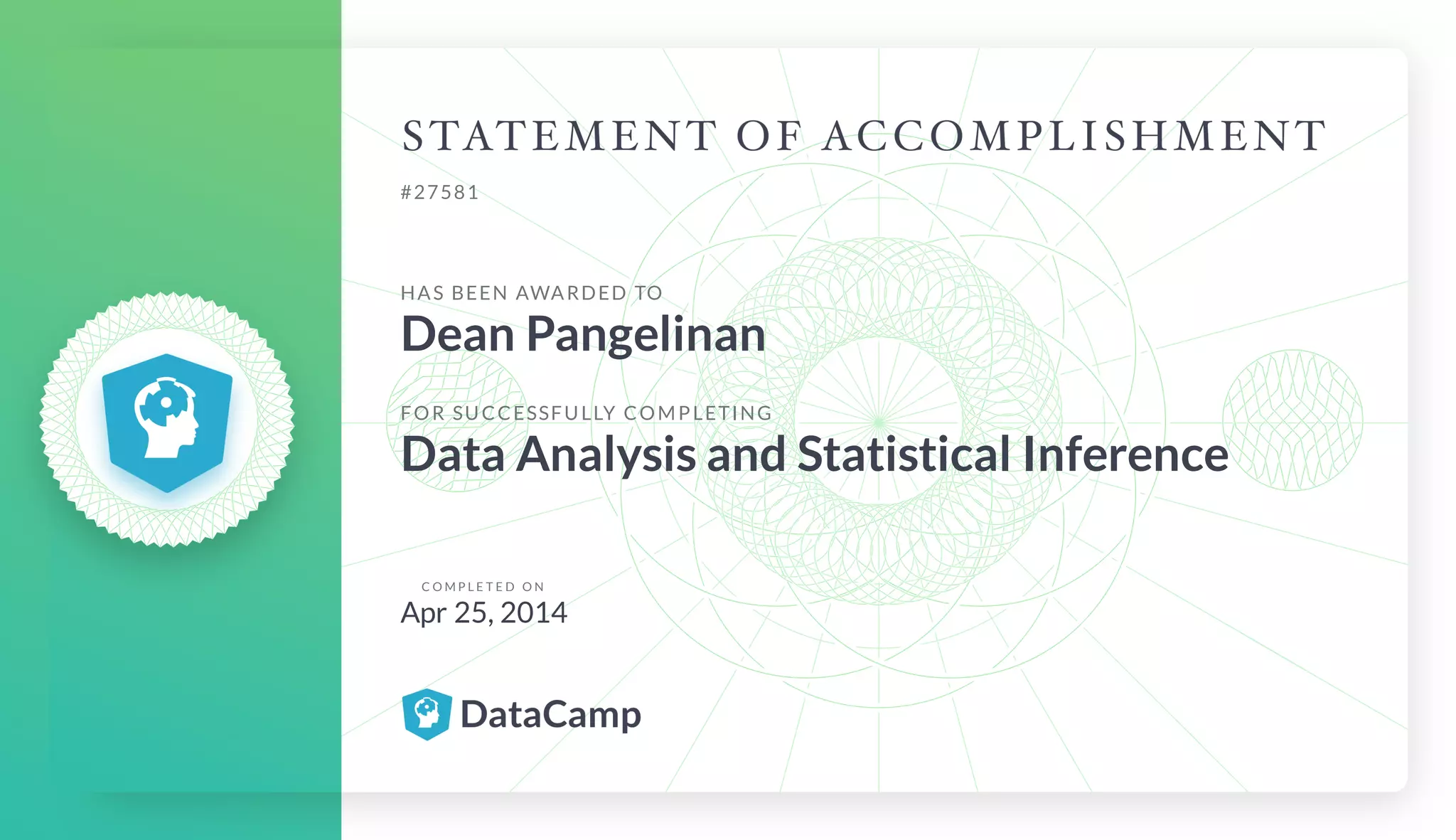 DataCamp Certificate - Data Analysis & Statistical Inference | PPT