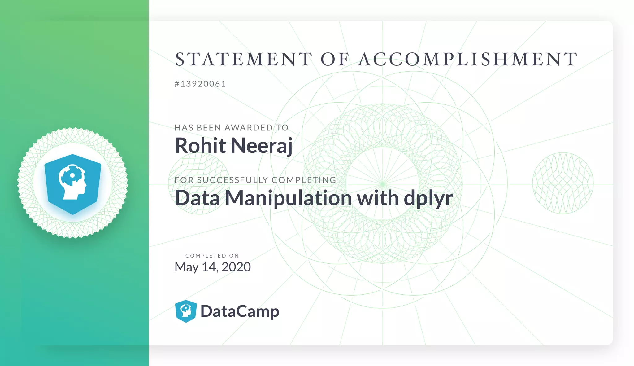 DataCamp_StatementOfAccomplishment_Data Manipulation with dplyr in R | PPT
