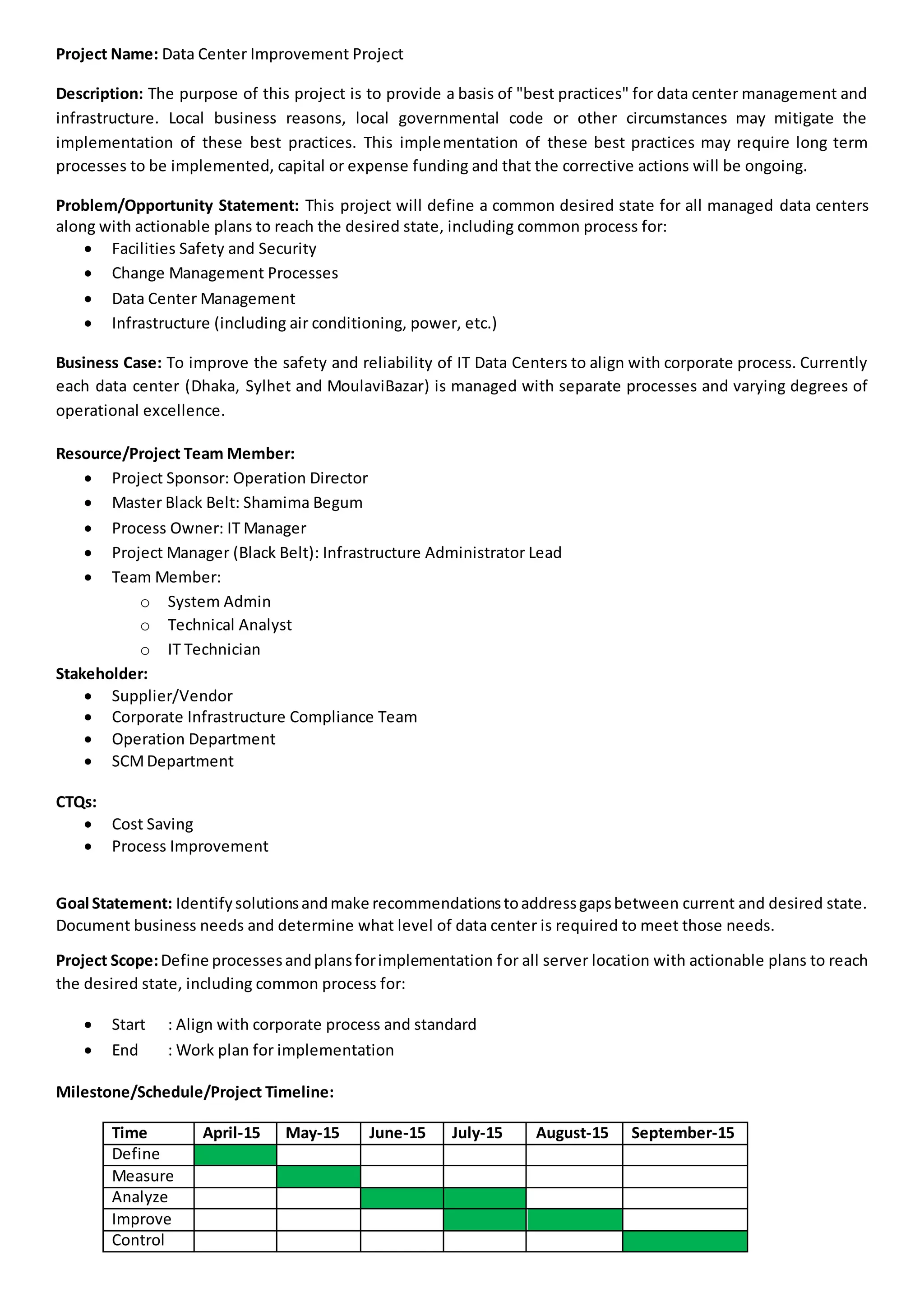 Data Center Improvement Project Charter | DOCX