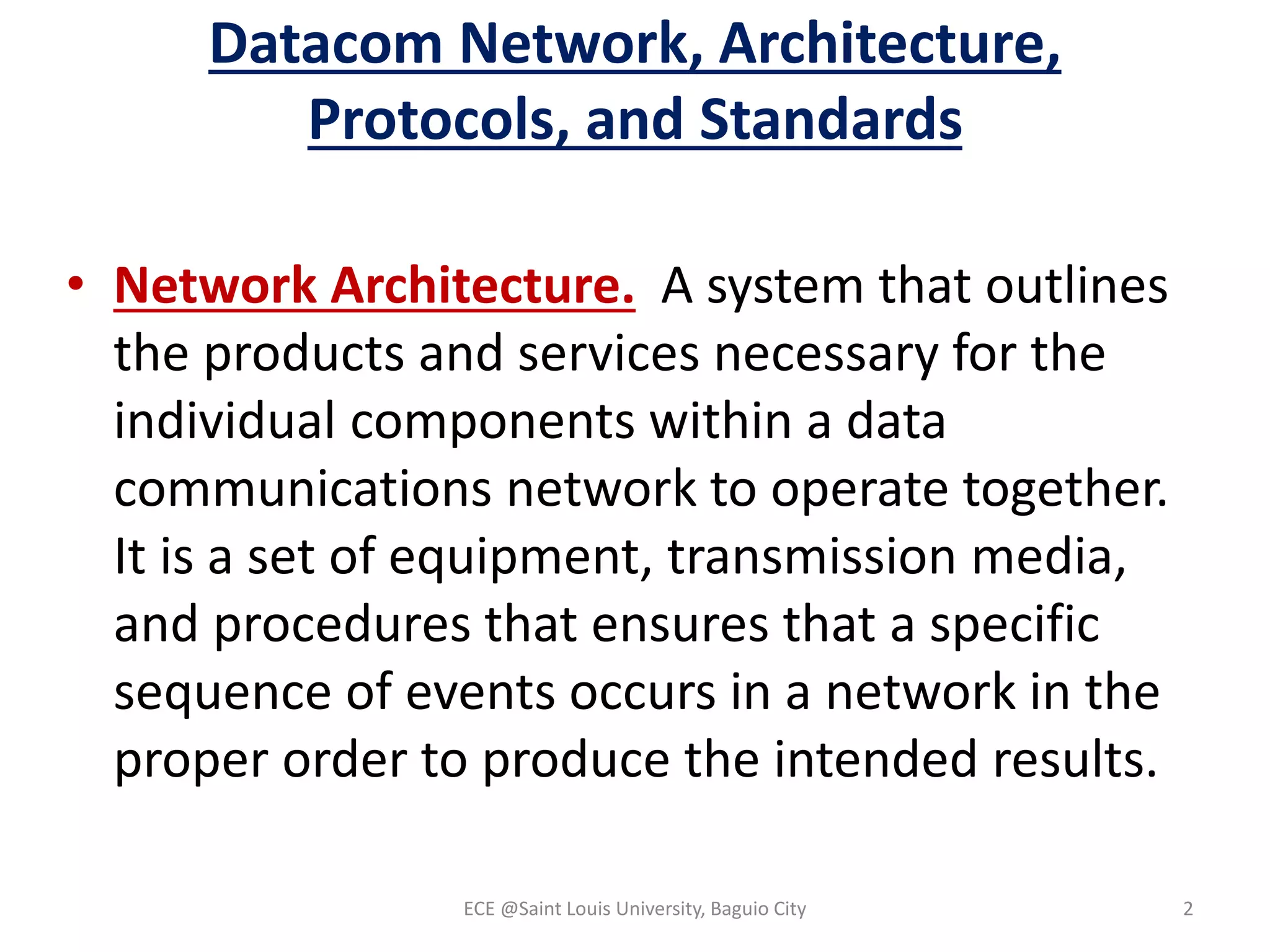 Datacom module 2: Data Communication Architecture, Protocols, and Standards | PPTX