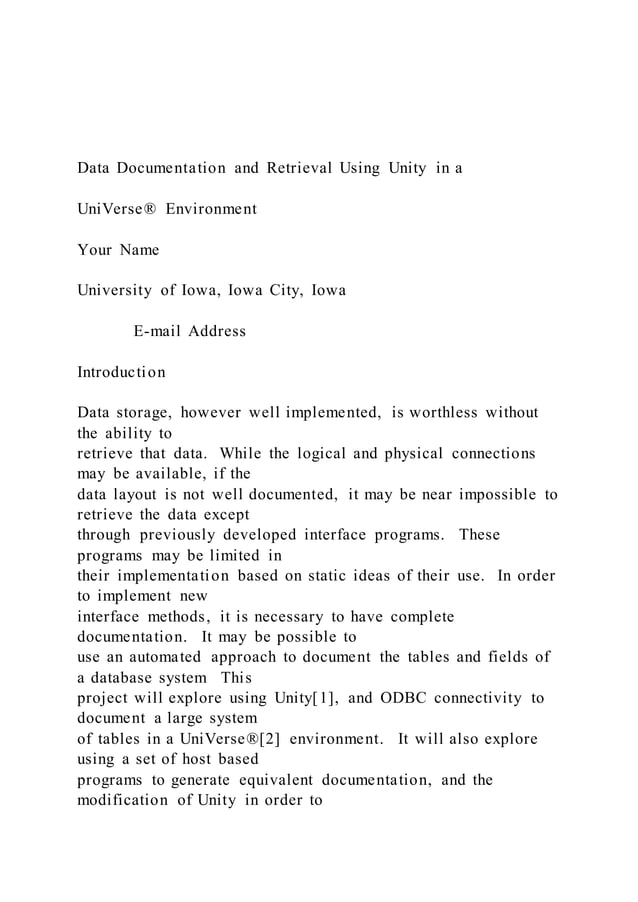 Data documentation and retrieval using unity in a universe® | PDF