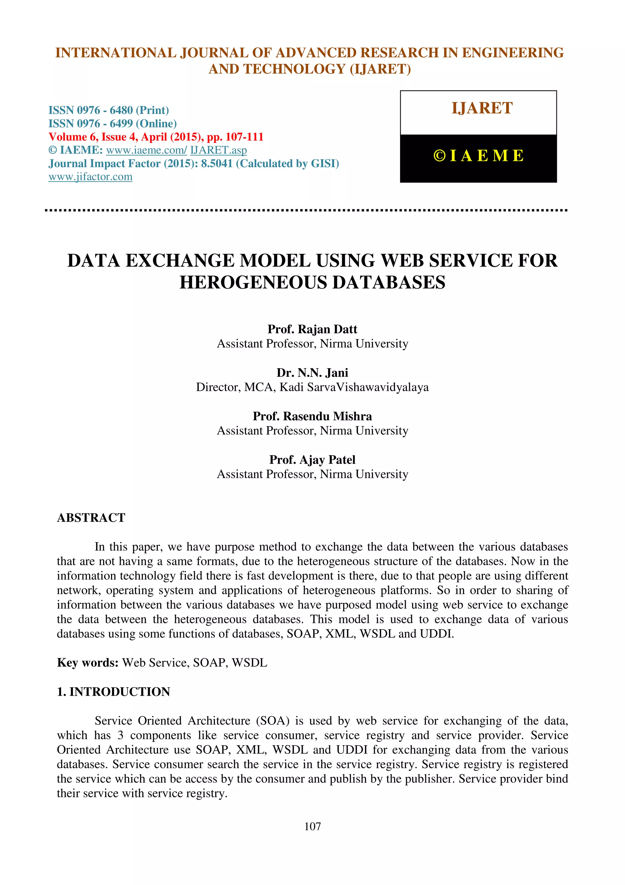 DATA EXCHANGE MODEL USING WEB SERVICE FOR HEROGENEOUS DATABASES | PDF