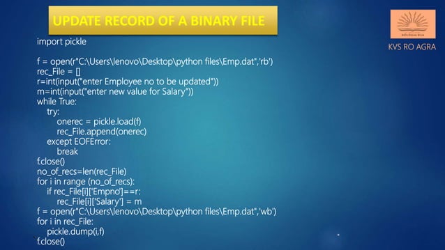 Data file handling in python binary & csv files | PPTX