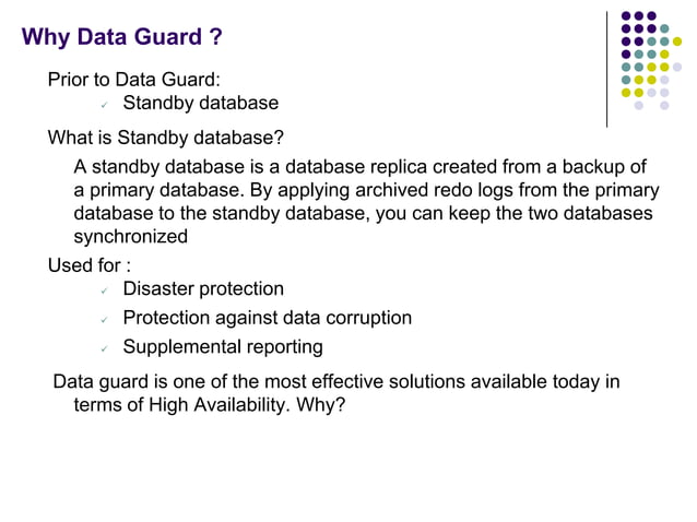 Data Guard Architecture & Setup | PPTX | Databases | Computer Software and Applications