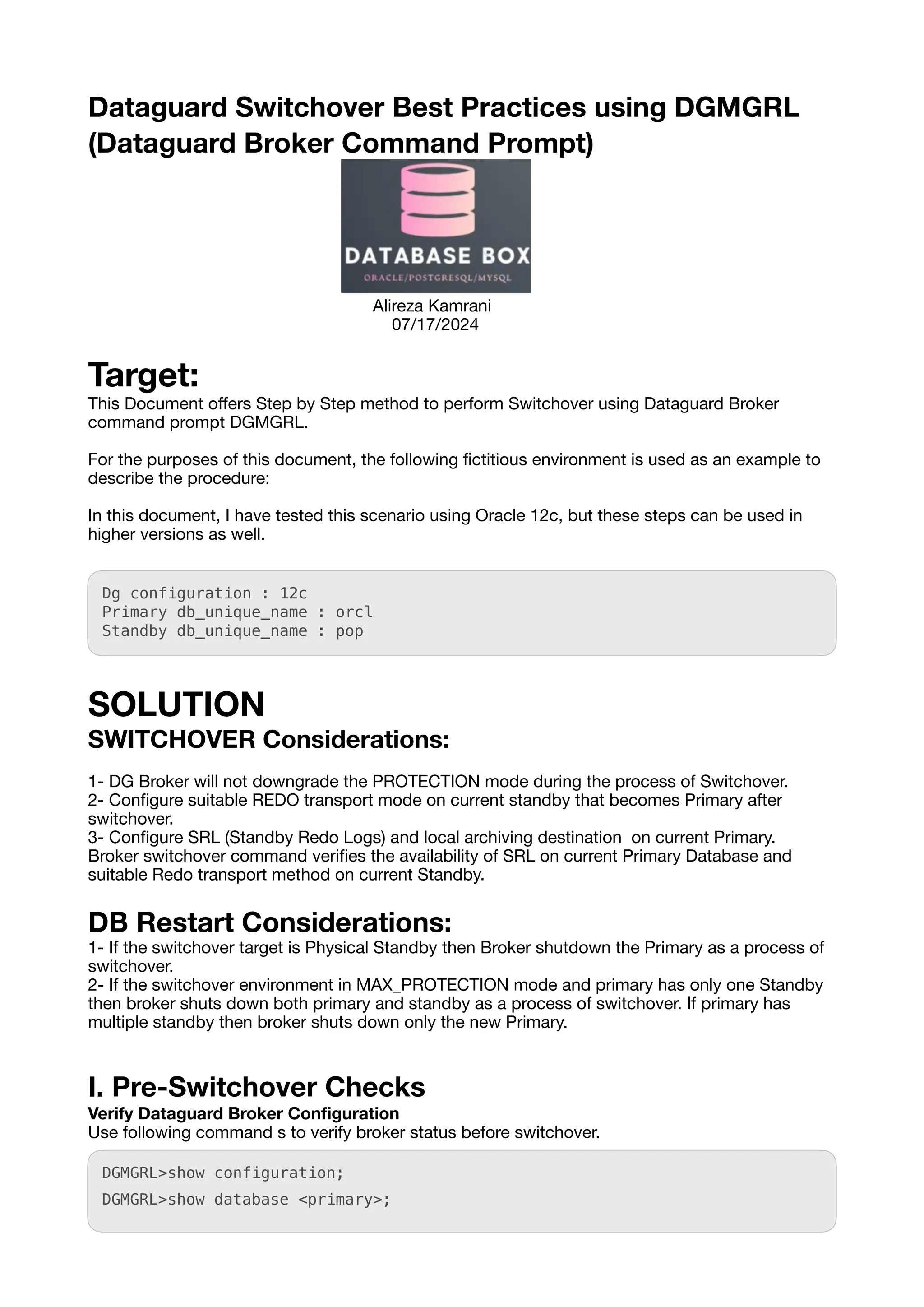 Dataguard Switchover Best Practices Using Dgmgrl Dataguard Broker Command Line Pdf