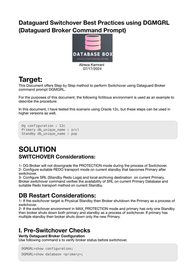 Dataguard Switchover Best Practices using DGMGRL (Dataguard Broker Command Line) | PDF ...