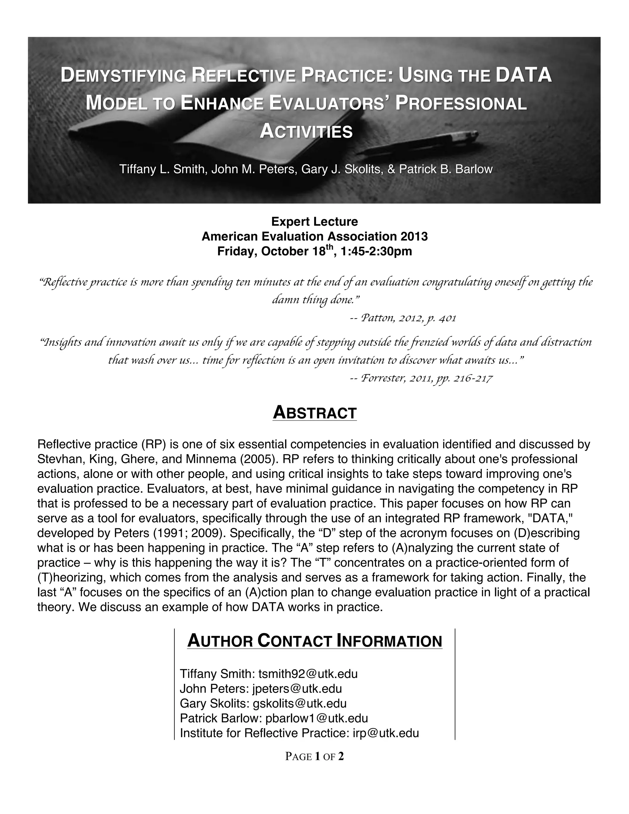 Demystifying Reflective Practice: Using the DATA Model to Enhance Evaluators' Professional ...