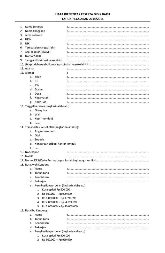 Data identitas Siswa Baru lengkap sesuai dapodik | DOCX