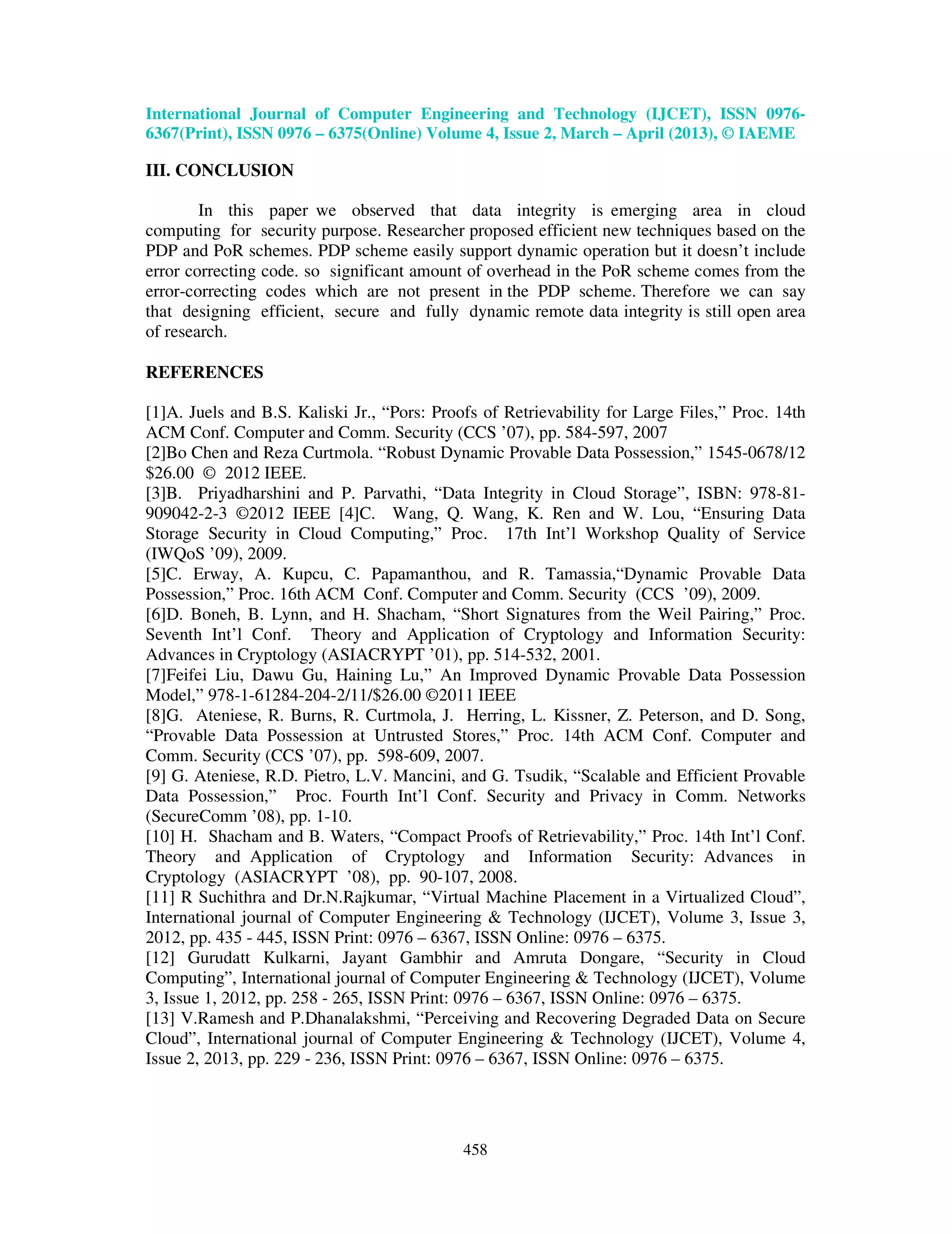 Data integrity proof techniques in cloud storage | PDF