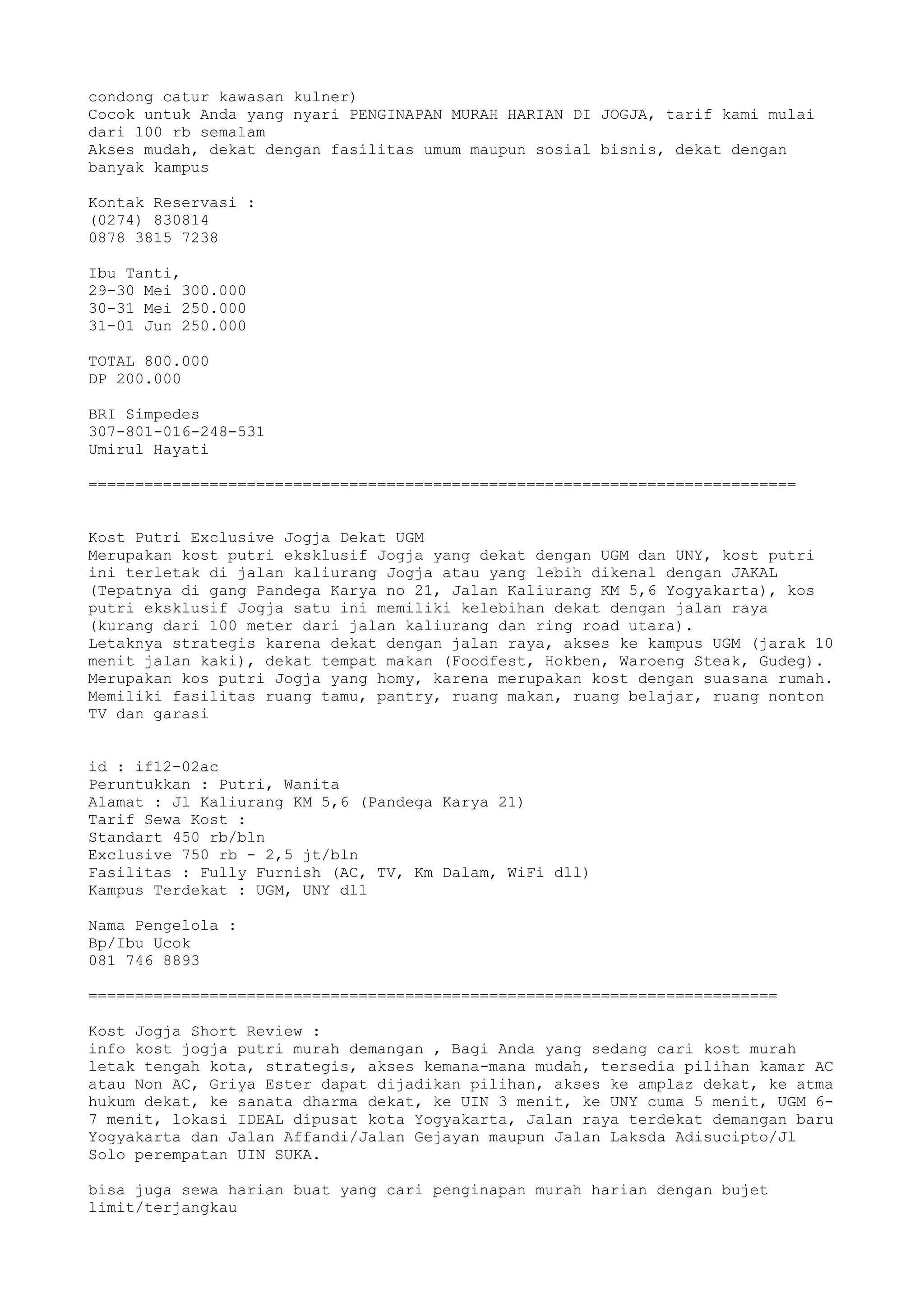 Data kosan uny | PDF