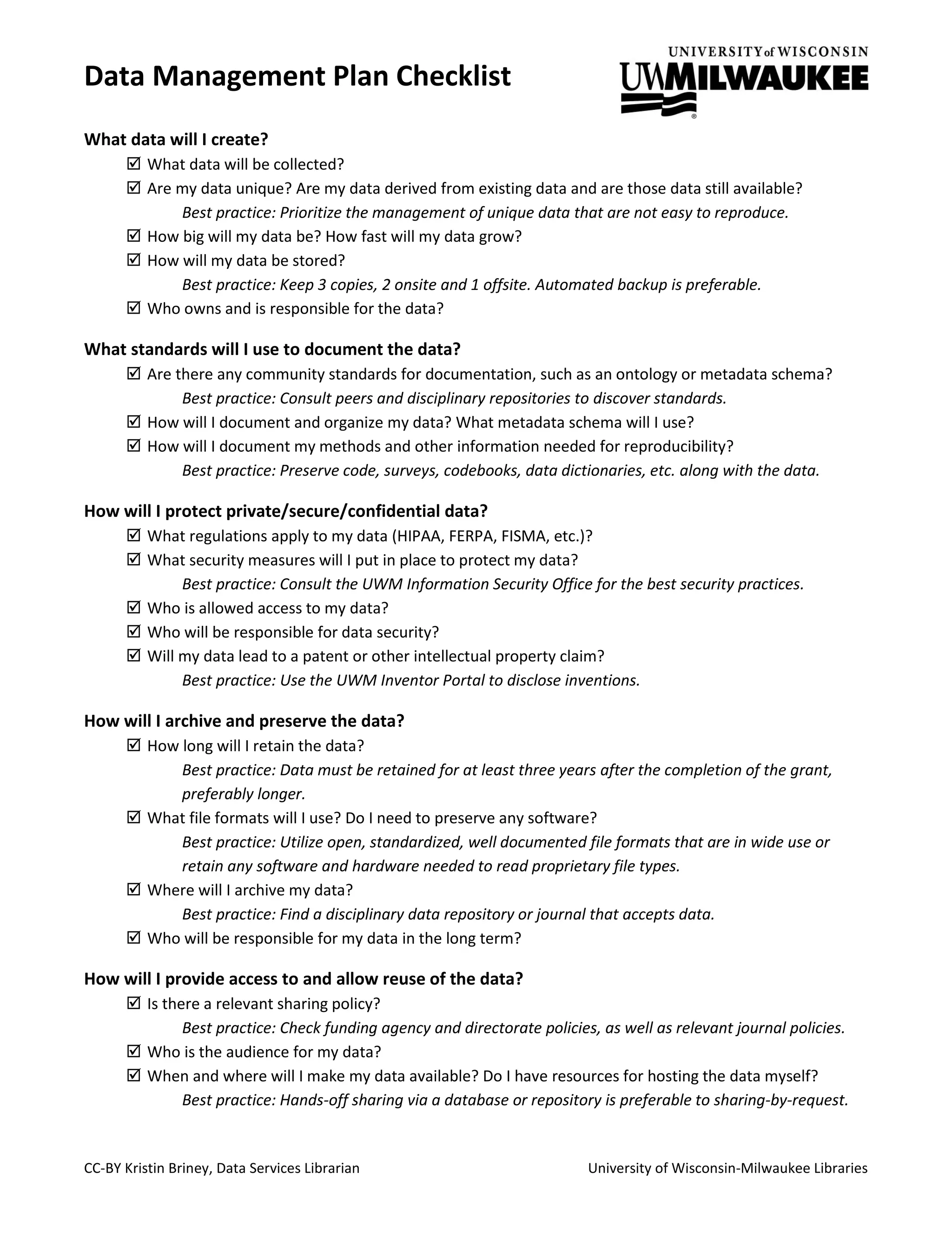 Data Management Plan Checklist | PDF