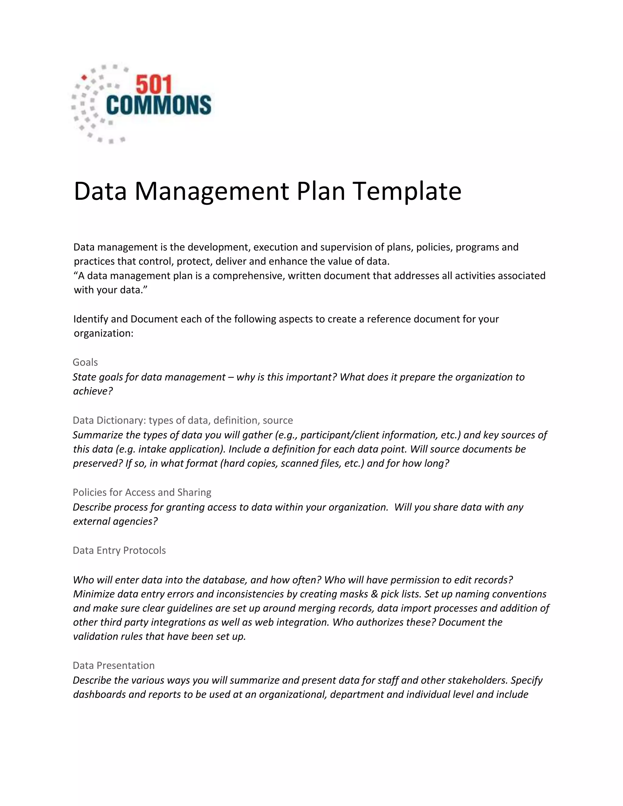 Data management plan template | DOCX
