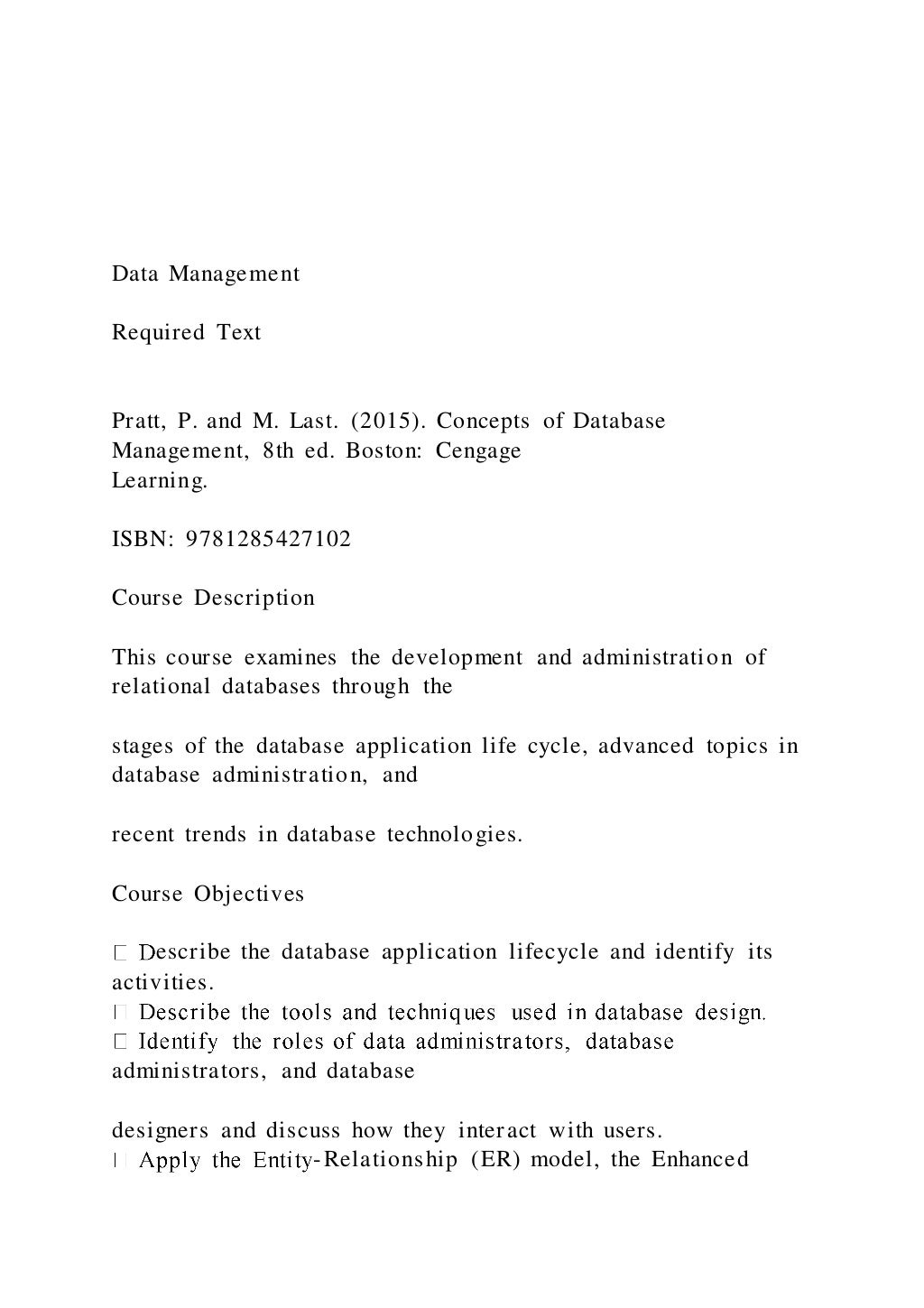 Data Management Required Text Pratt, P. and M. Las | PDF