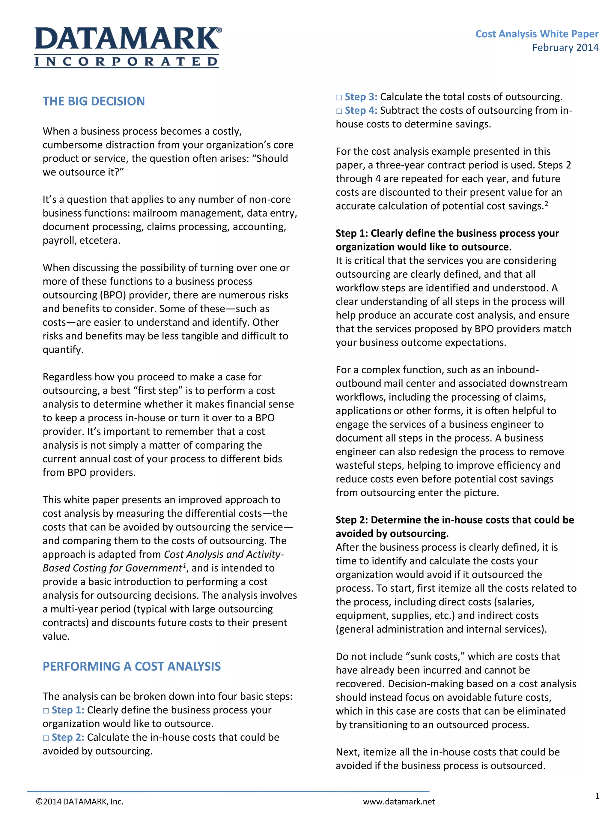 Performing a Cost Analysis for a Business Process Outsourcing Decision ...