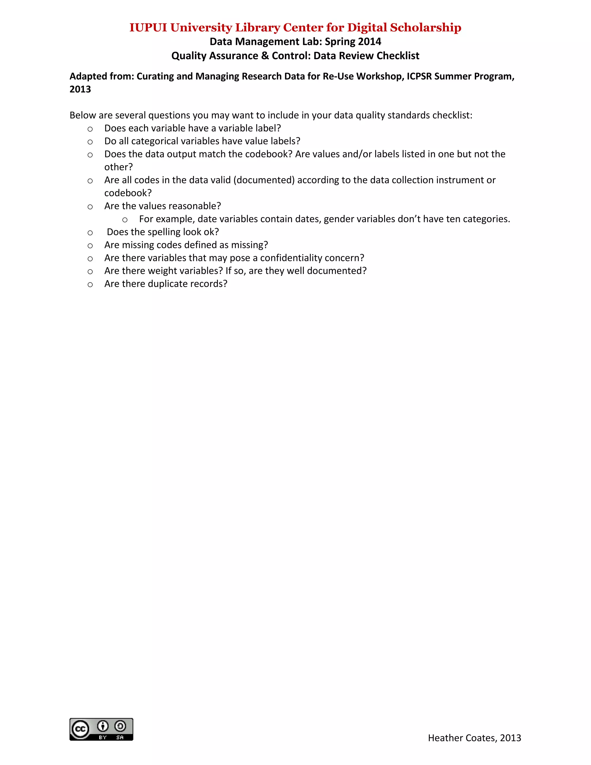 Data Management Lab: Session 3 Data Review Checklist | PDF