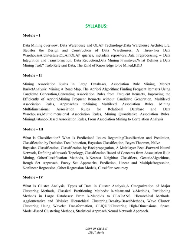 Data Mining Data Warehousing Lecture Notes Pdf