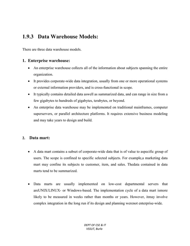 Data Mining And Data Warehousing Lecture Notes Pdf