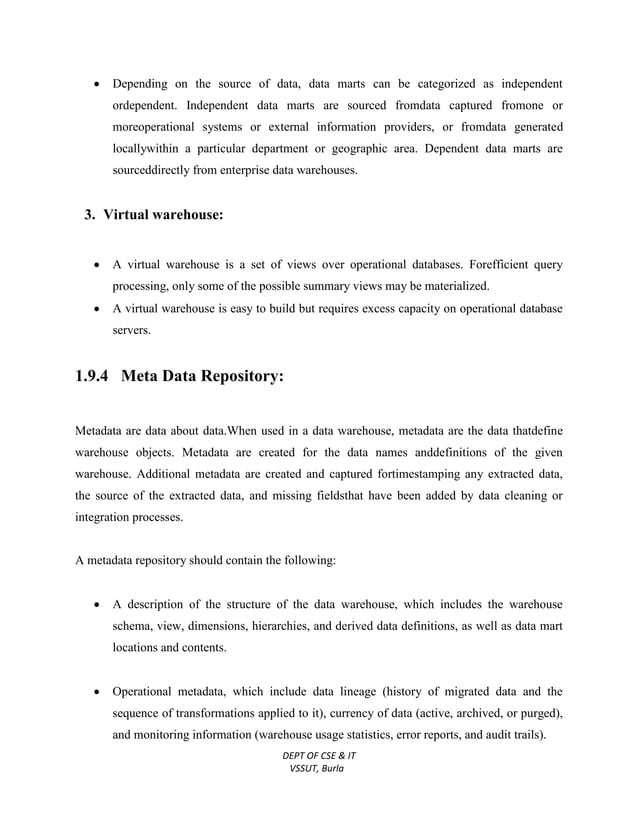 Data Mining And Data Warehousing Lecture Notes Pdf