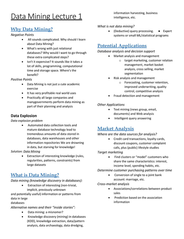 Data mining 1 - Introduction (cheat sheet - printable) | PDF