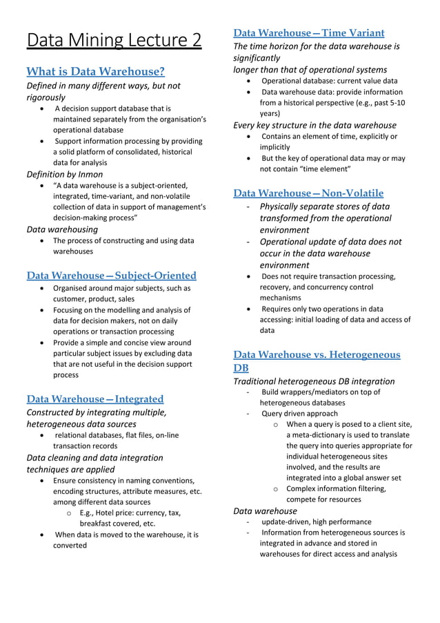 Data mining 2 - Data warehouse (cheat sheet - printable) | PDF | Databases | Computer Software ...