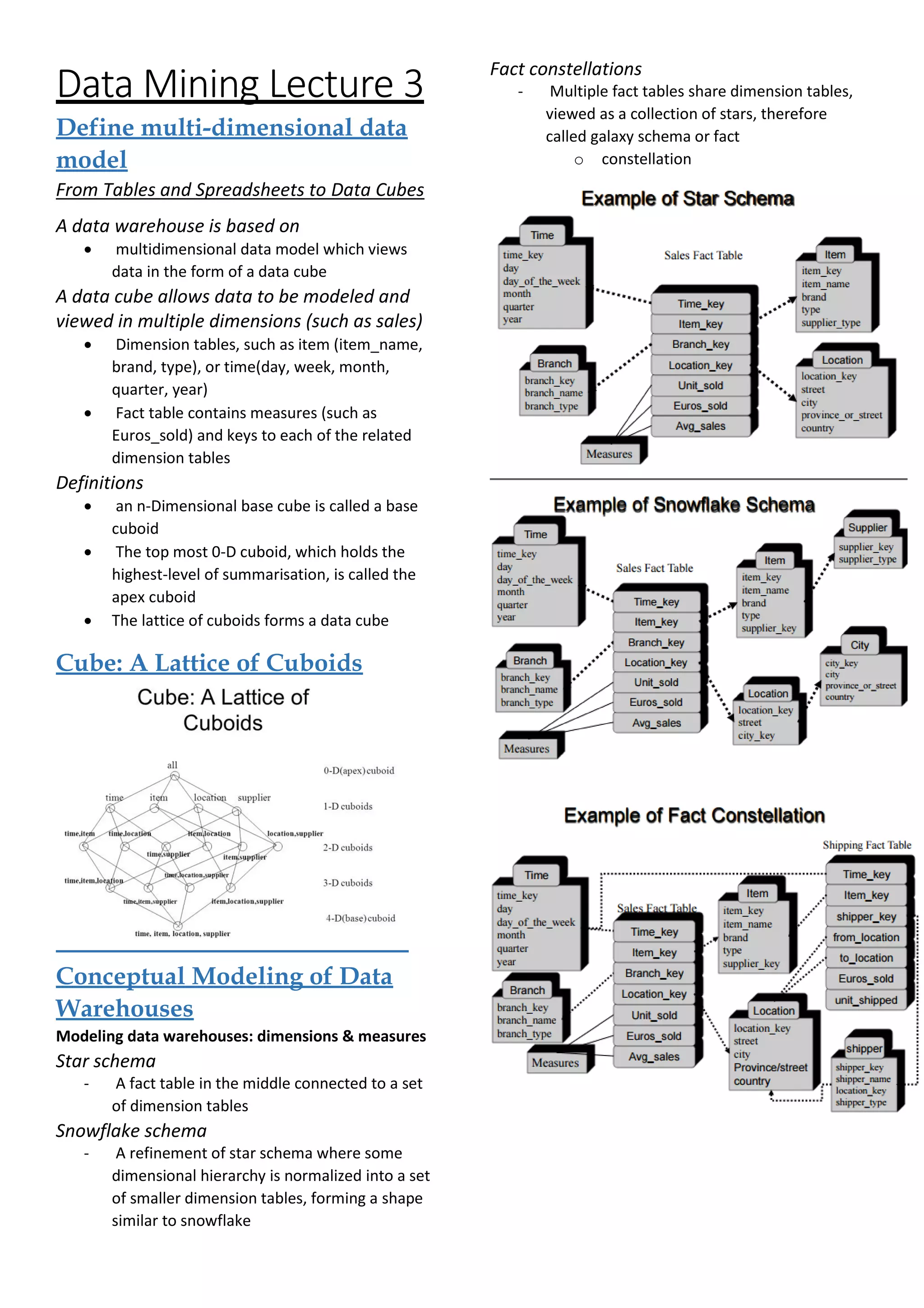 Data mining 3 - Data Models and Data Warehouse Design (cheat sheet ...