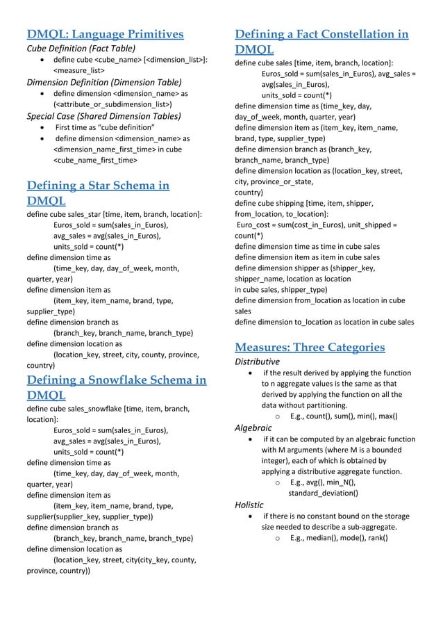 Data Mining 3 Data Models And Data Warehouse Design Cheat Sheet