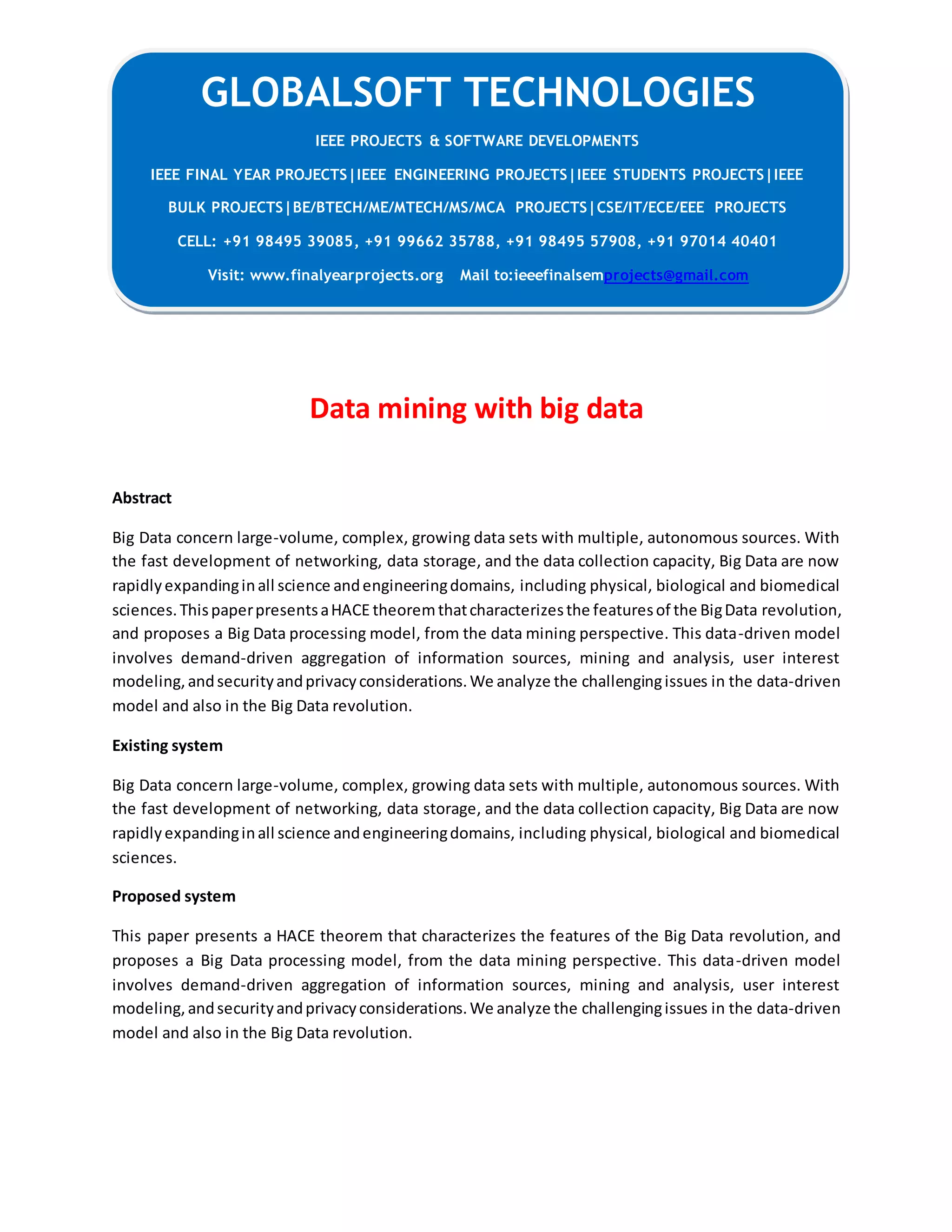 IEEE 2014 JAVA DATA MINING PROJECTS Data mining with big data | DOCX
