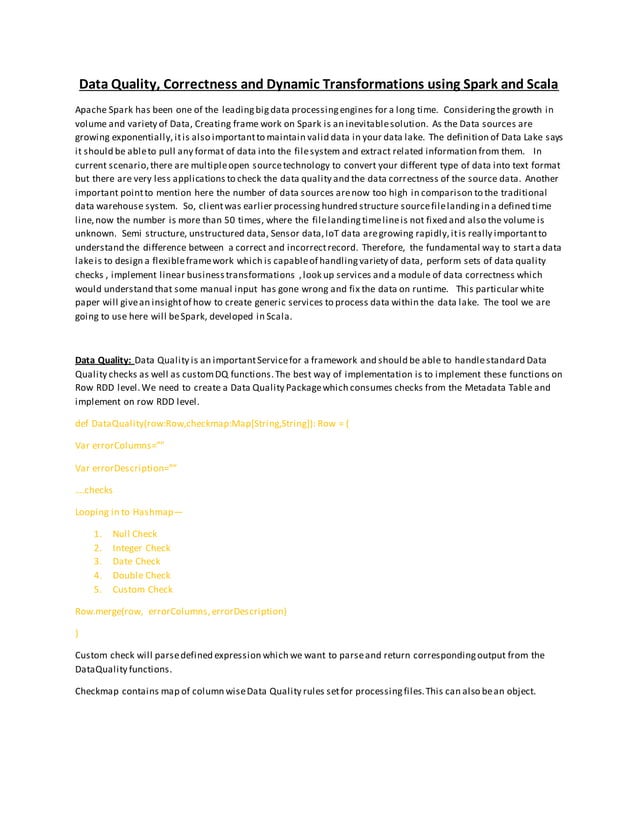 Data Quality, Correctness and Dynamic Transformations using Spark and Scala | PDF