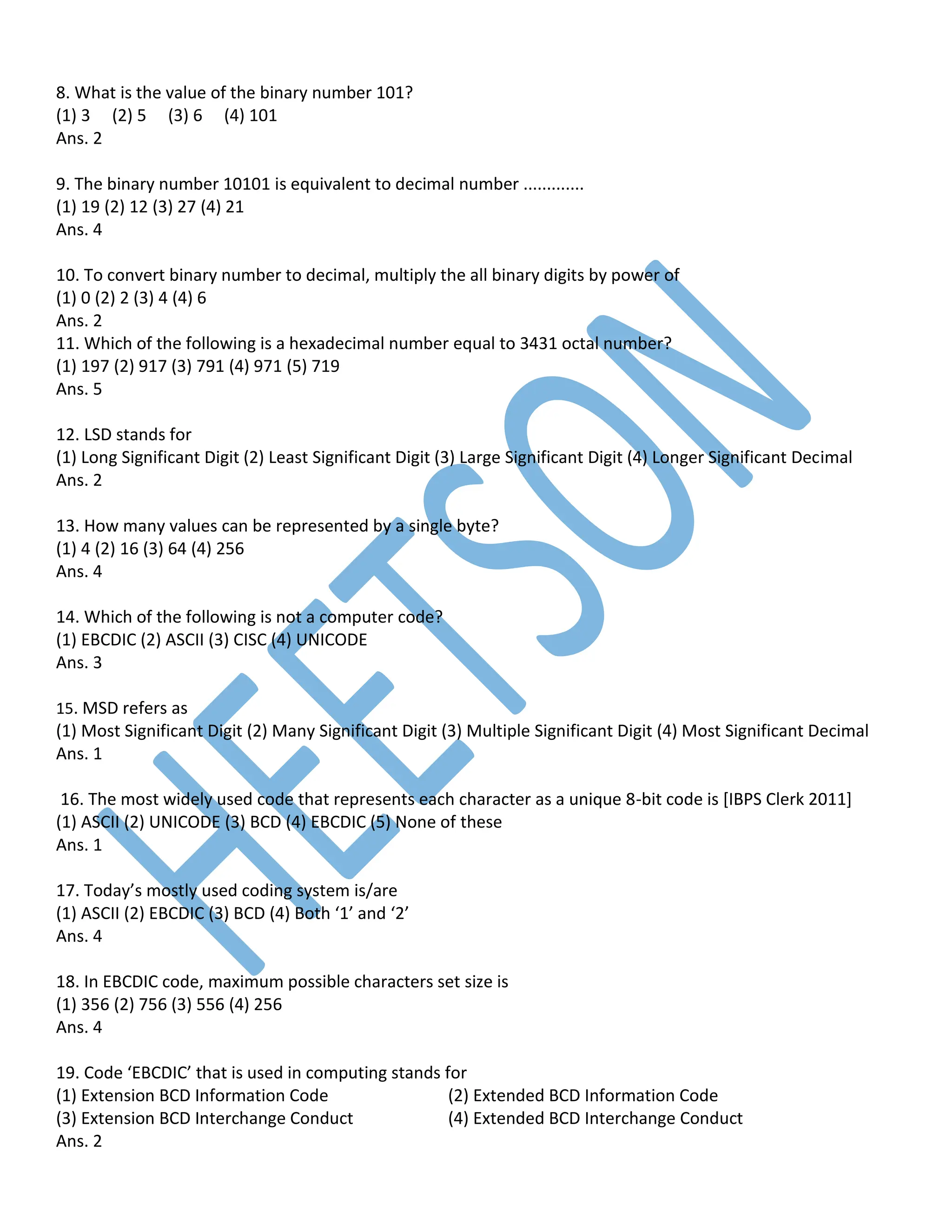 Data Representation MCQ Questions and Answers | PDF