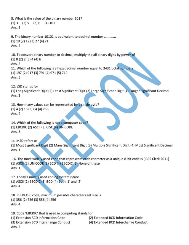 Data Representation MCQ Questions and Answers | PDF