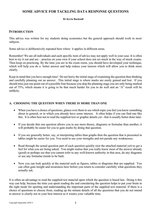 Some Advice for Tackling Data Response Questions | PDF