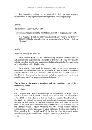 Judgement of the Court - Data retention Directive | PDF