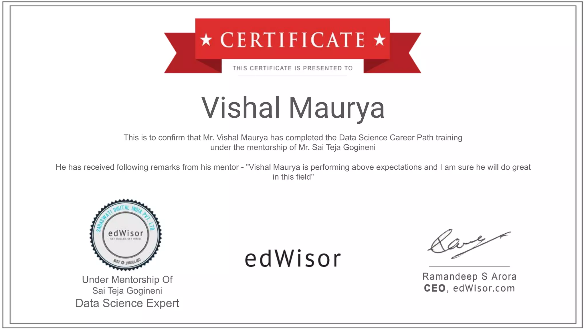 Data Science Certificate-Vishal Maurya | PDF