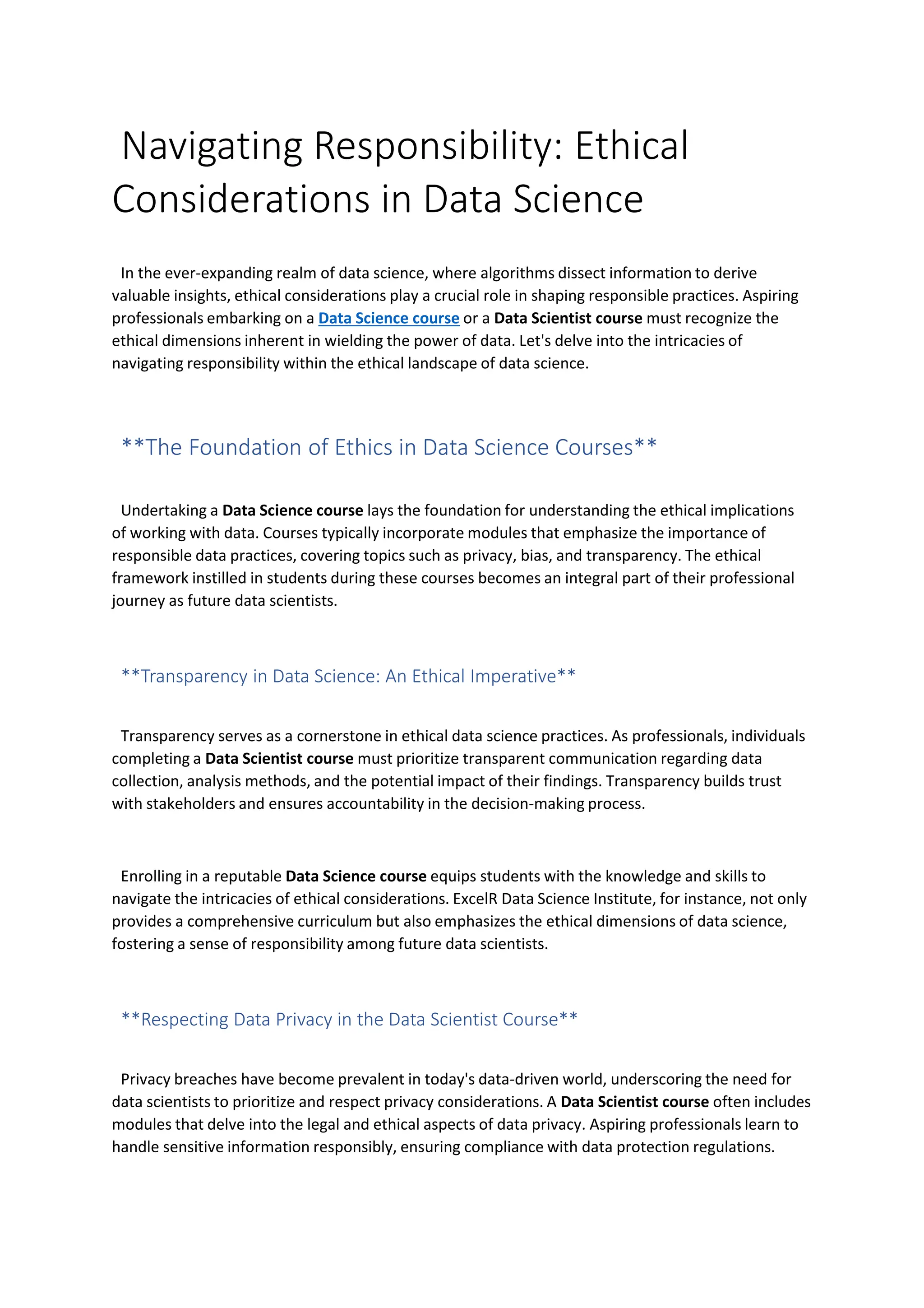 Navigating Responsibility: Ethical Considerations in Data Science | PDF