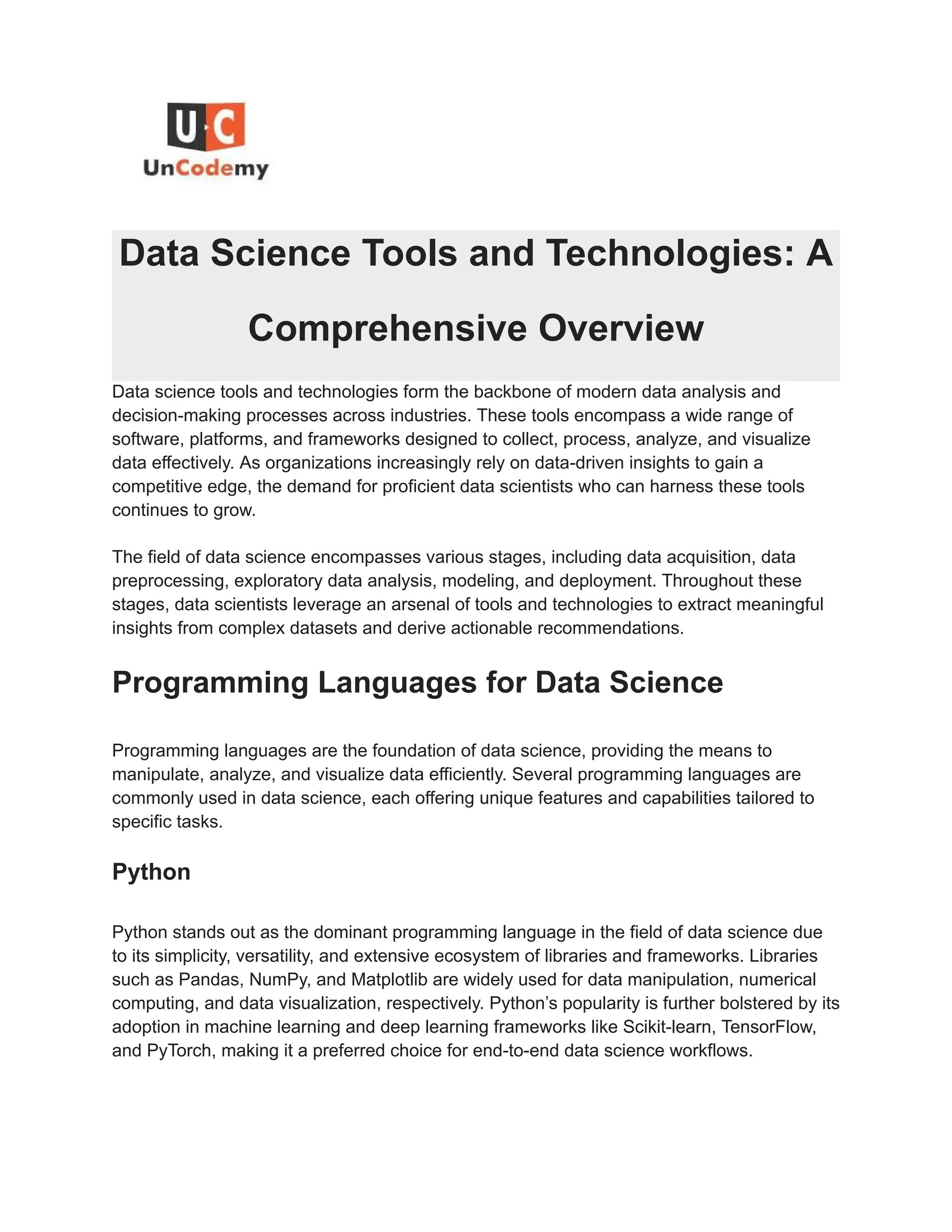 Data Science Tools and Technologies: A Comprehensive Overview | PDF