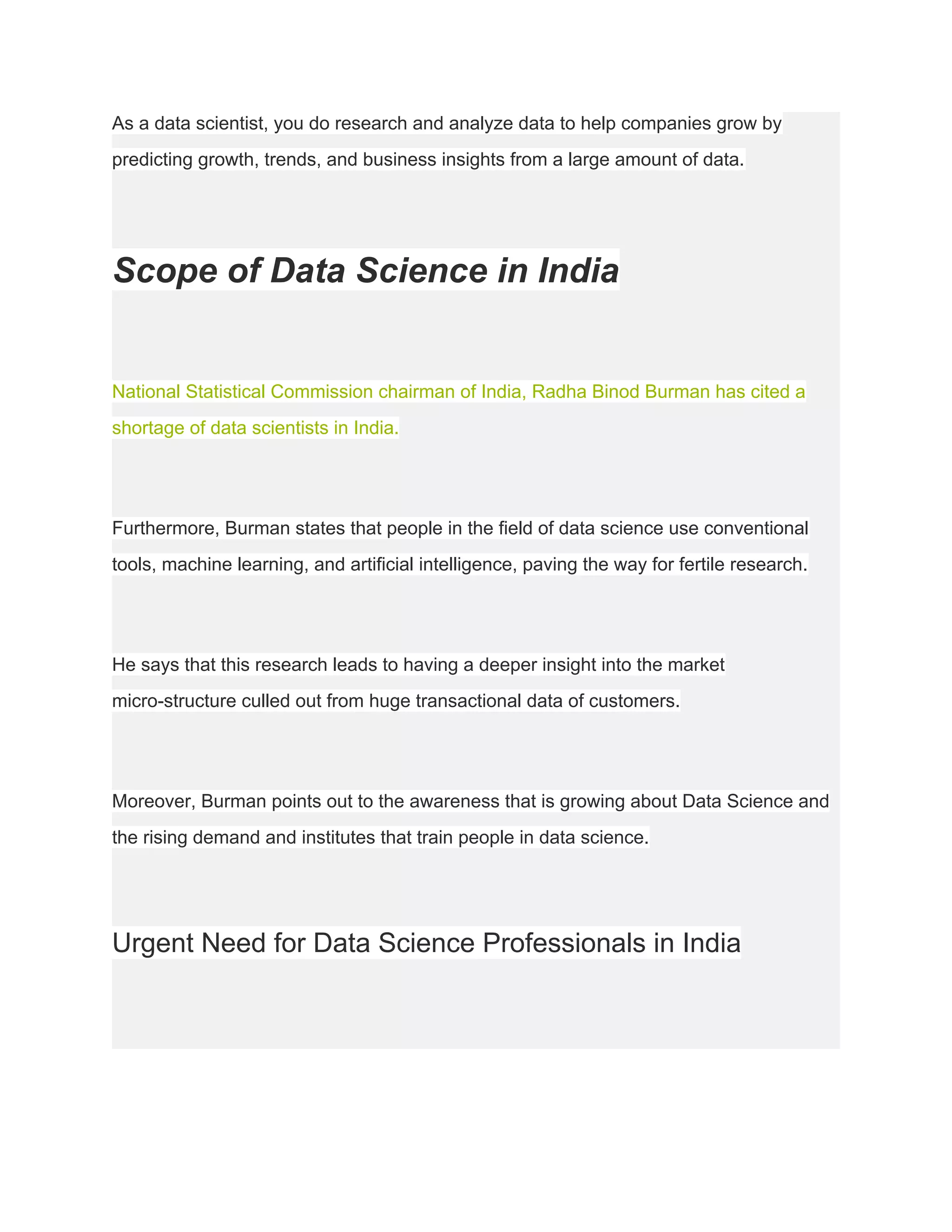 Data science scope in india for aspiring professionals | PDF