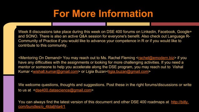 Data scientist enablement dse 400 week 8 roadmap | PPT