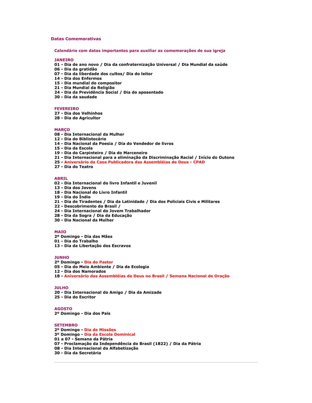 Datas comemorativas | PDF