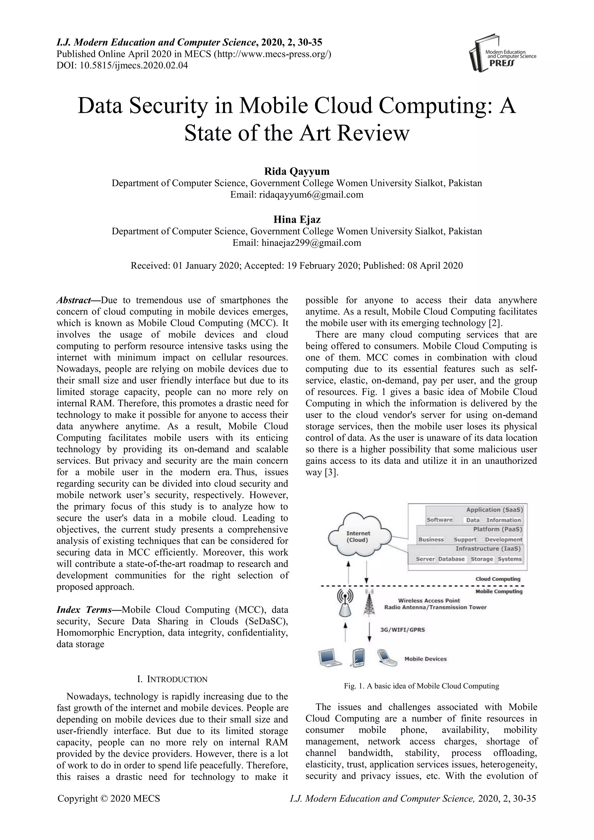 Data Security in Mobile Cloud Computing A State of the Art Review | PDF