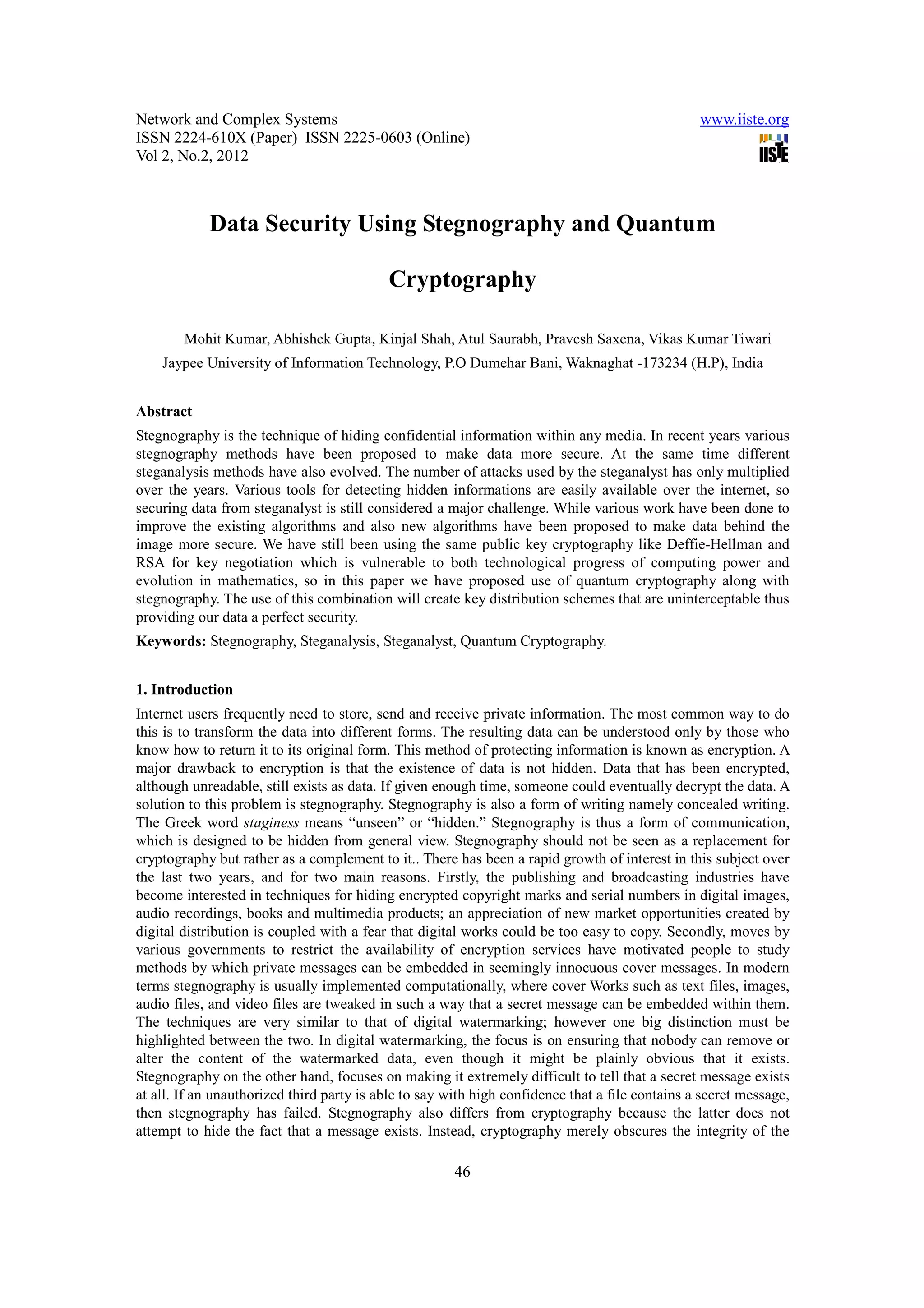 Data security using stegnography and quantum cryptography | PDF